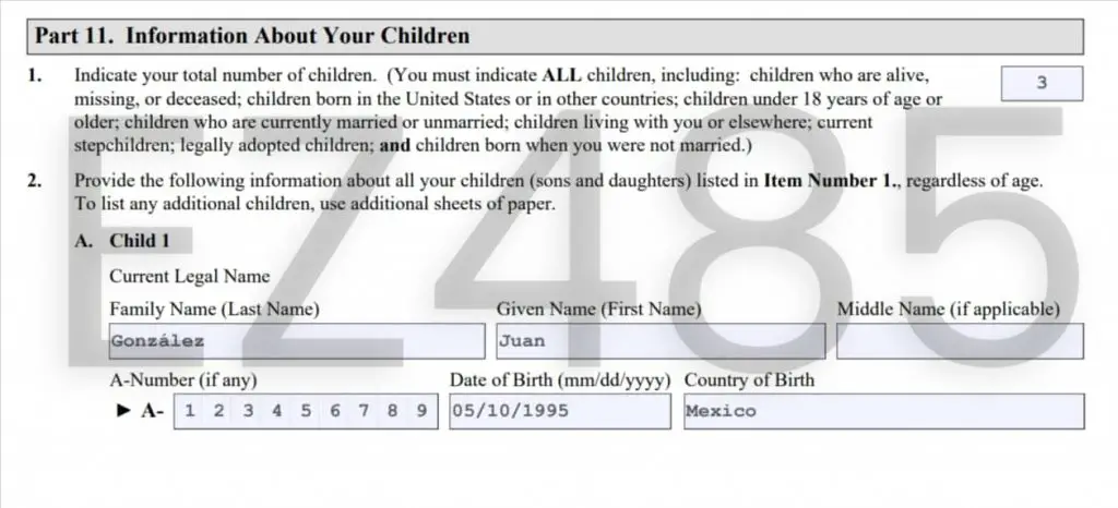 Understanding Form N-400: Part 11. Information About Your Children - EZ485