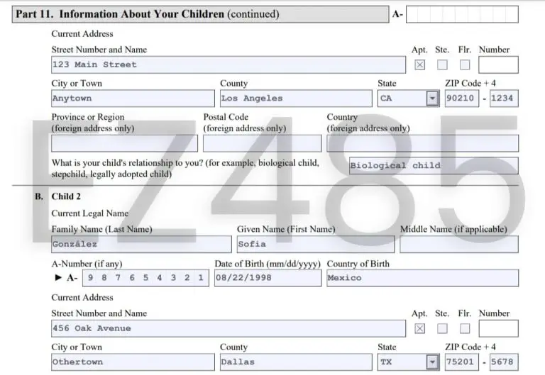 Understanding Form N-400: Part 11. Information About Your Children - EZ485