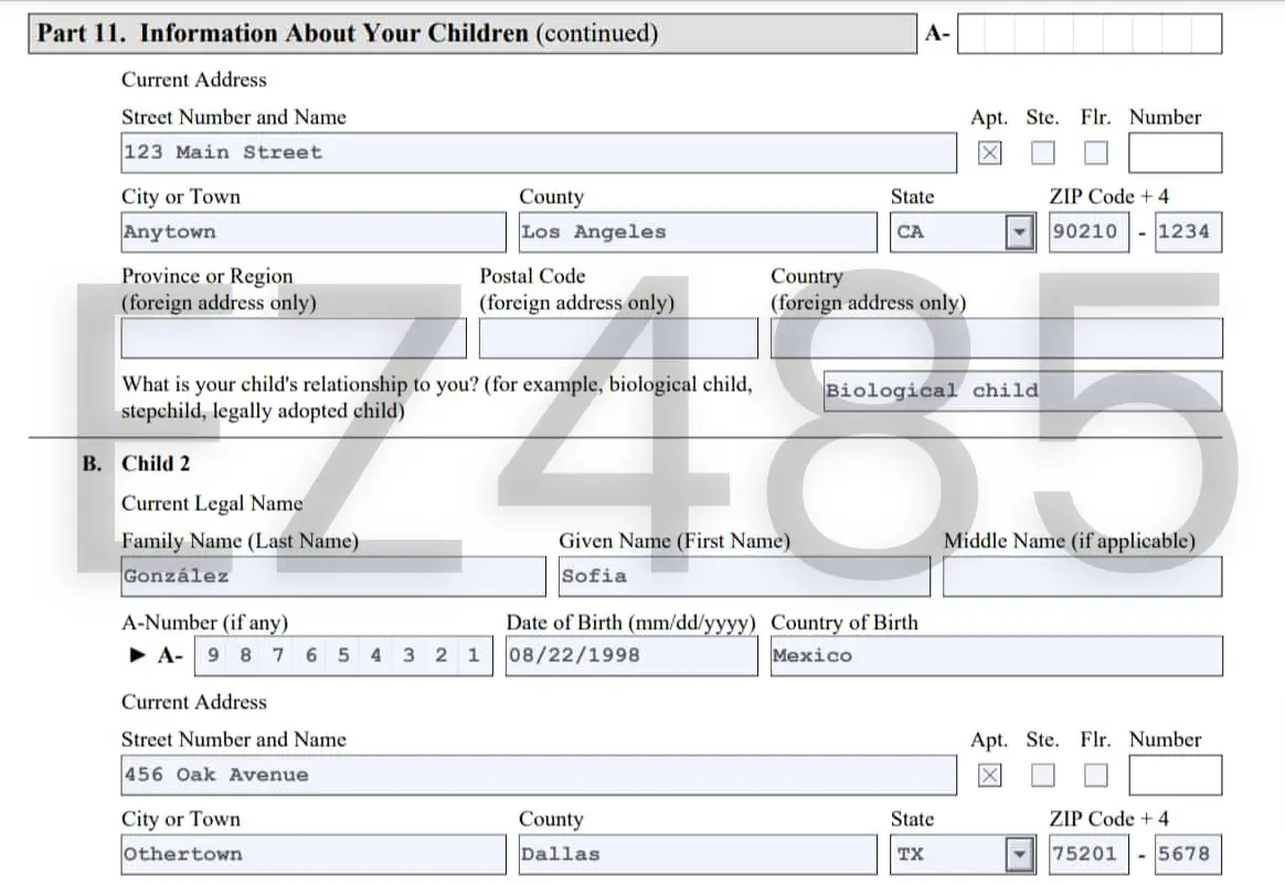 Understanding Form N-400: Part 11. Information About Your Children - EZ485