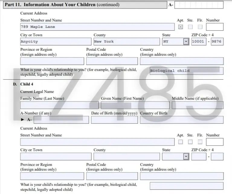 Understanding Form N-400: Part 11. Information About Your Children - EZ485